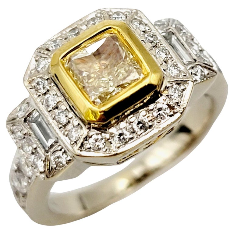 Princess Cut Yellow Diamond and Baguette White Diamond Halo Engagement ...