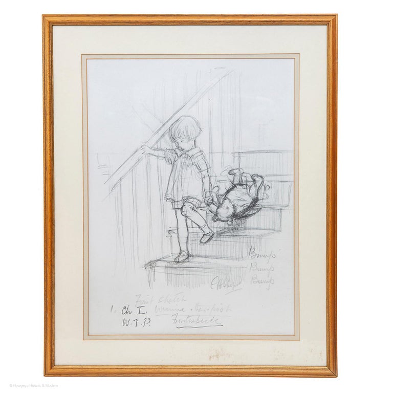 Print Pencil First Sketch Winnie the Pooh Frontispiece Bump Bump Bump ...