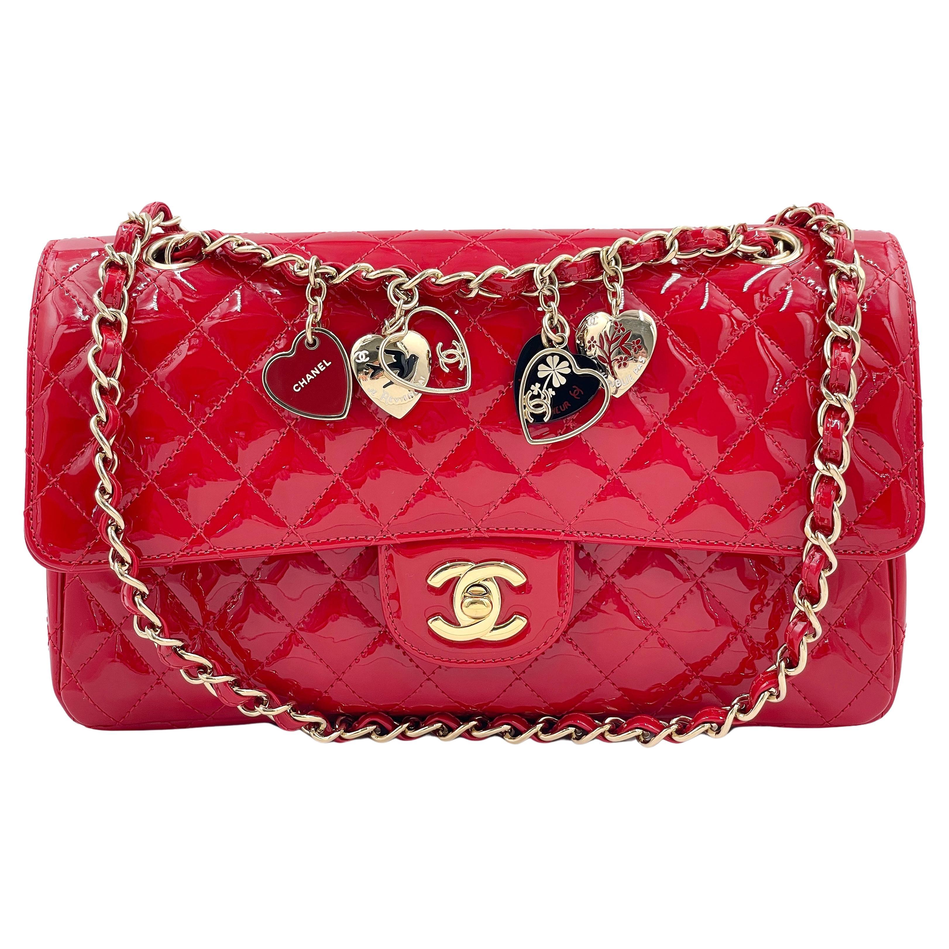 Pristine Chanel Red Patent Valentines Heart Charm Medium Classic Flap ...