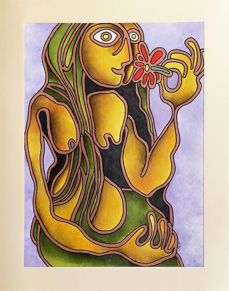 Prokash Karmakar - Woman with the Flower, Acrylic on Paper by Modern Artist "In Stock" For Sale ...