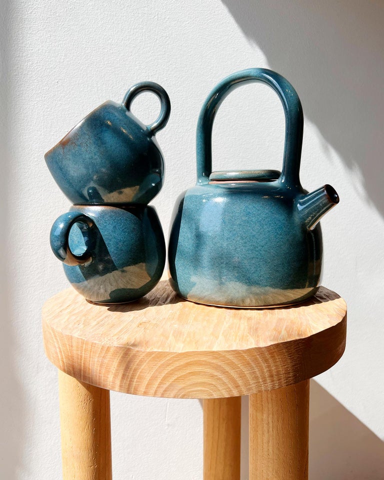 Prussian Blue Organic Modern Handmade Ceramic Teapot For Sale at 1stDibs