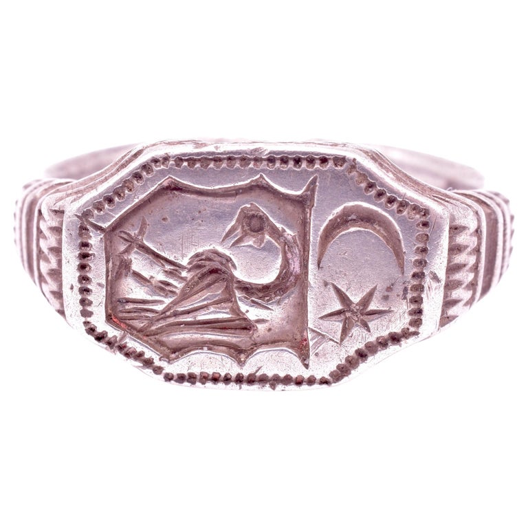 C1650 Medieval Silver Signet Ring w Crescent Moon and Star and Pelican ...