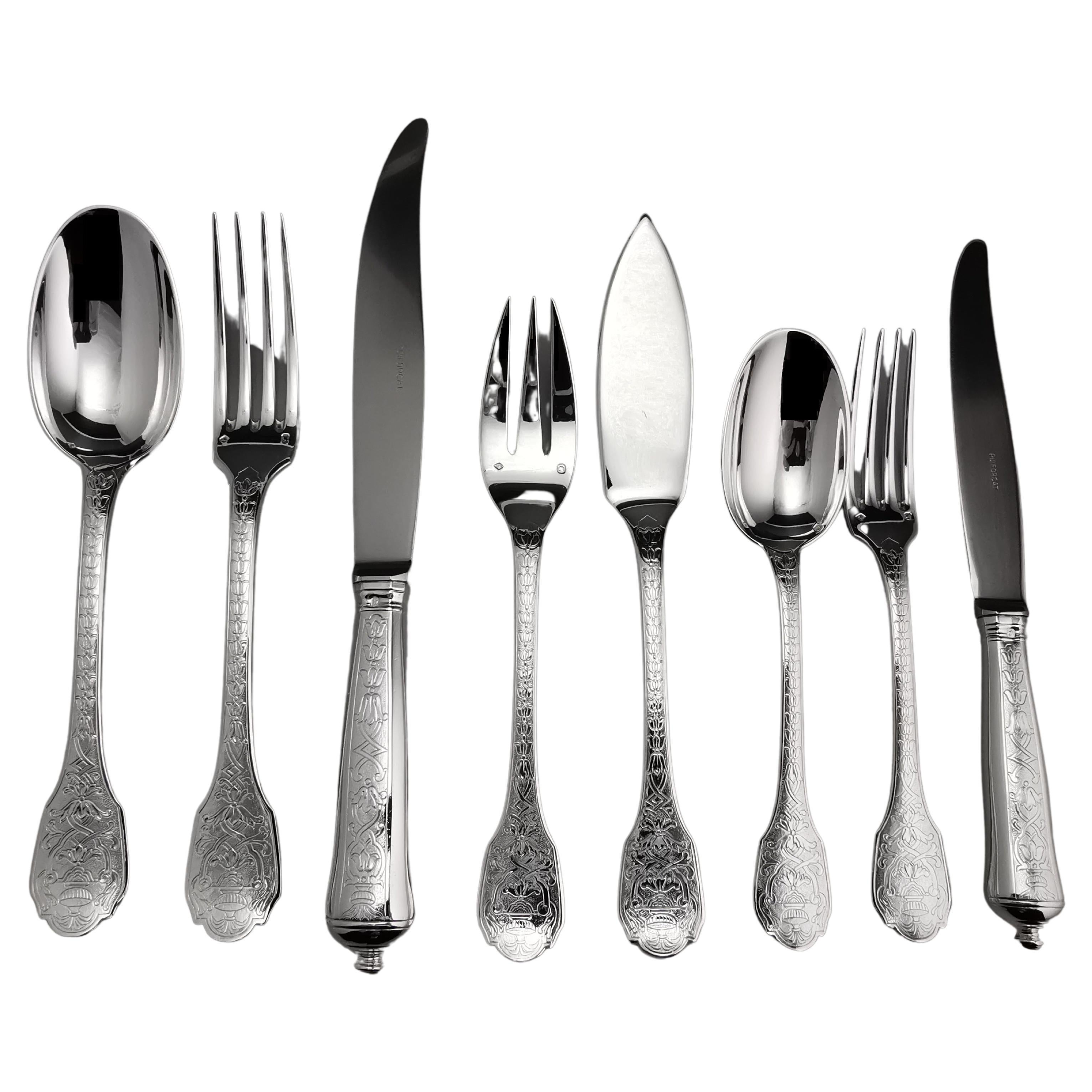 Puiforcat, Elysée Vermeil Gold Sterling Silver Flatware Cutlery Set, 70 ...