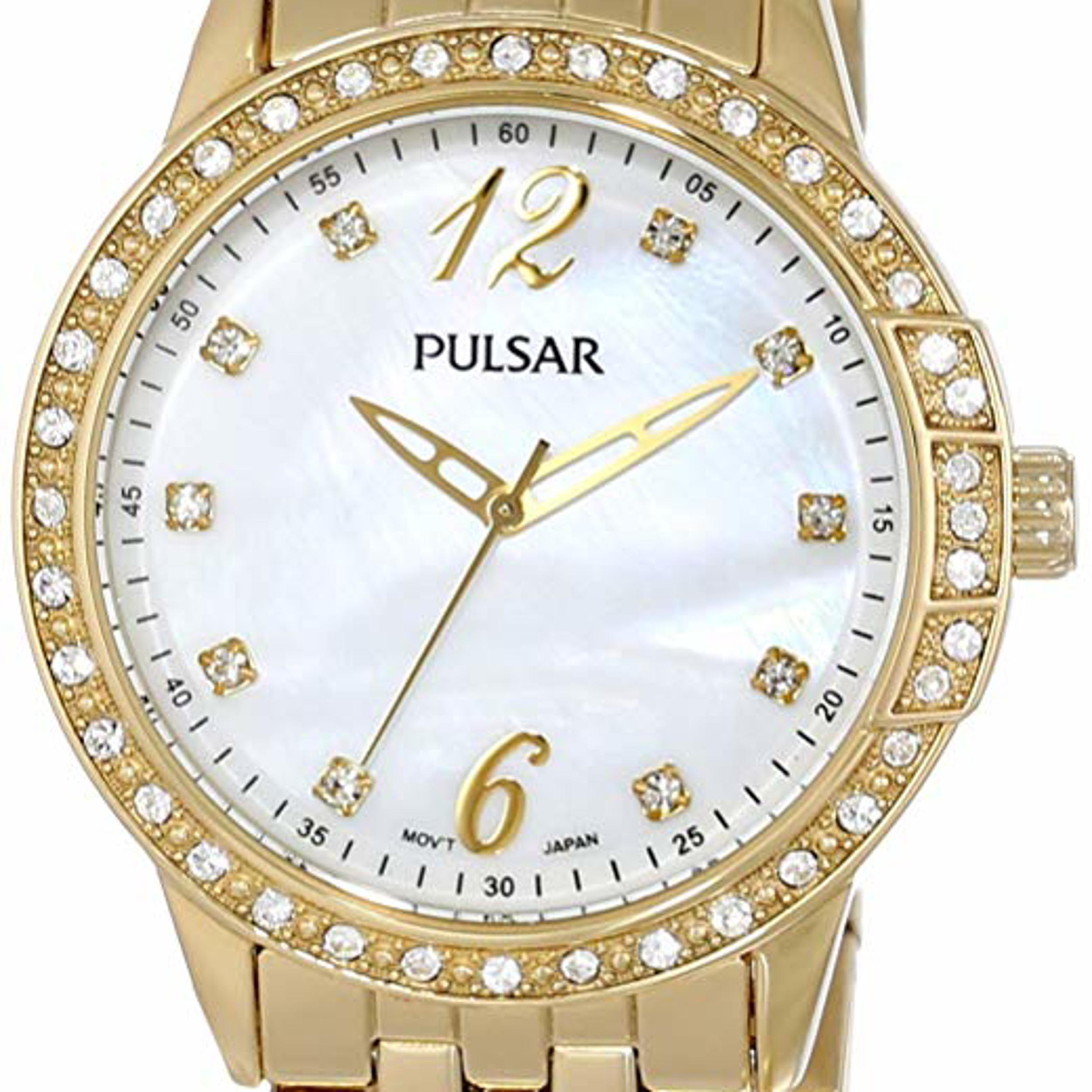Pulsar Gold-Tone Steel Crystal Bezel MOP Dial Quart Ladies Watch PH8052 ...