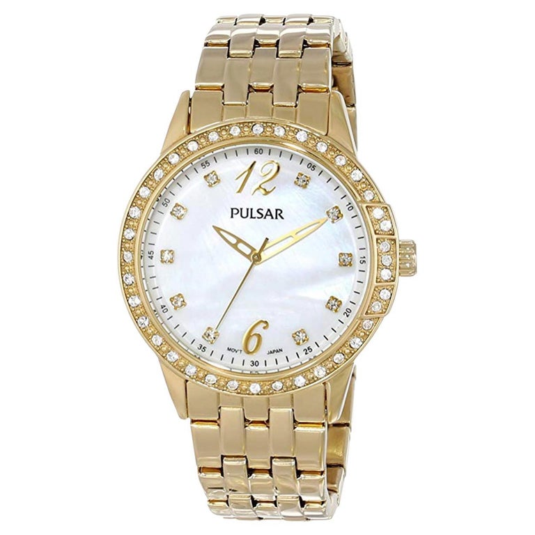 Pulsar Gold-Tone Steel Crystal Bezel MOP Dial Quart Ladies Watch PH8052 ...
