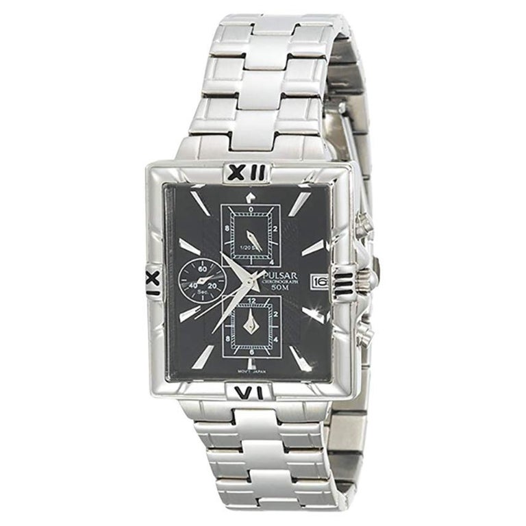 Pulsar Chronograph Rectangular Black Dial Stainless Steel Mens Watch ...
