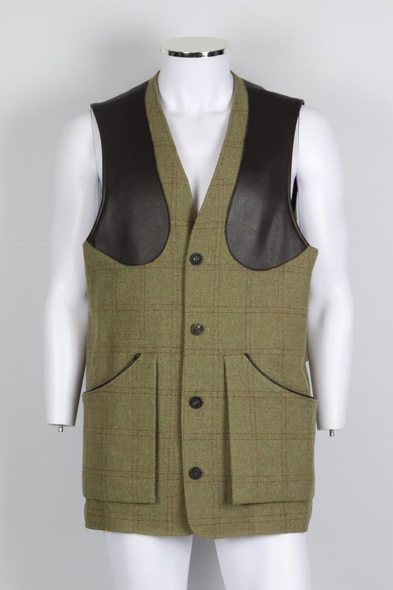 Purdey Men's Leather Trimmed Checked Wool Blend Tweed Vest Xlarge at ...