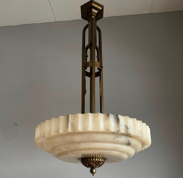Pure Art Deco Alabaster Pendant Light with Unique Bronze Hanging and ...