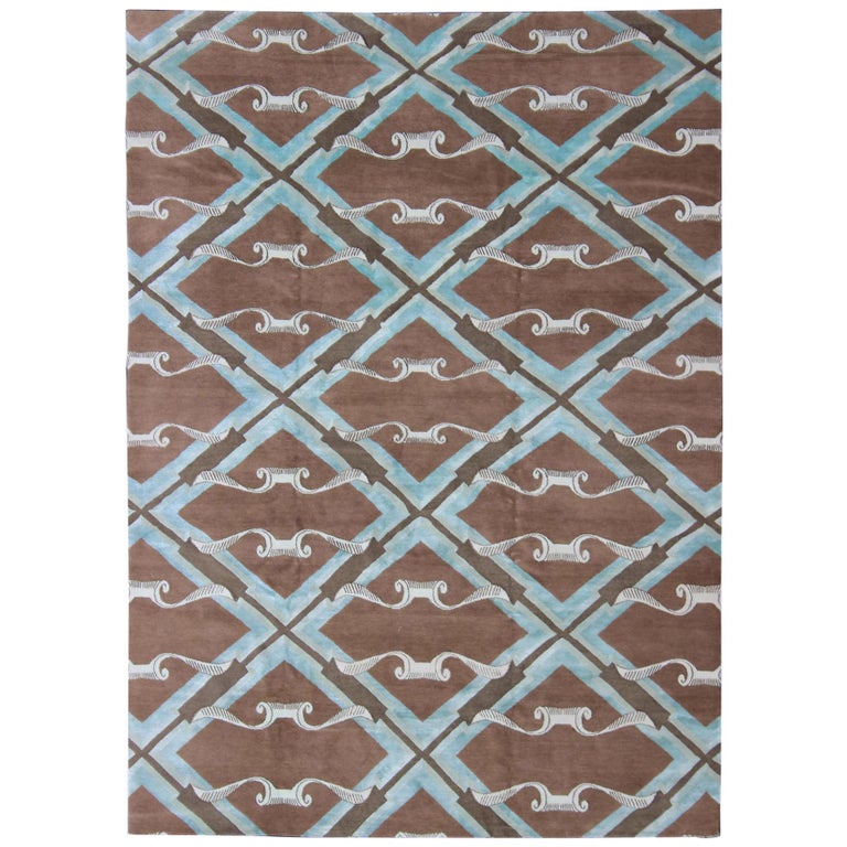 Pure Silk and Wool Nepalese Modern Design Rug in Brown, Blue and ...