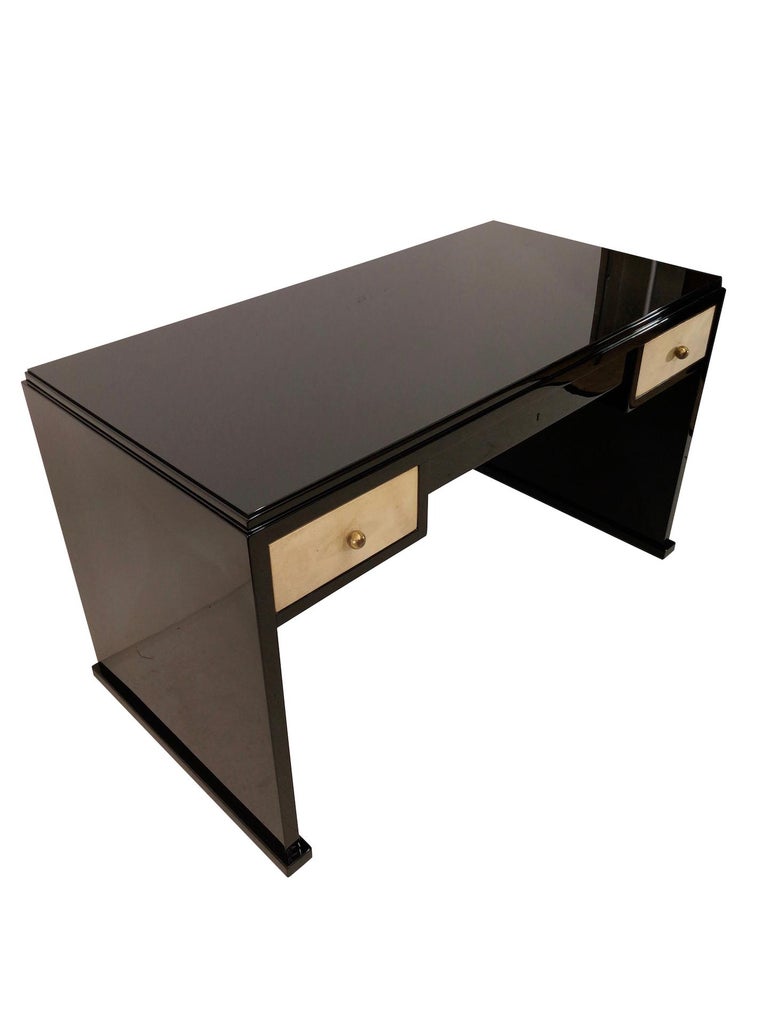 Puristic Art Deco Desk in Black High Gloss Piano Lacquer and Parchment ...