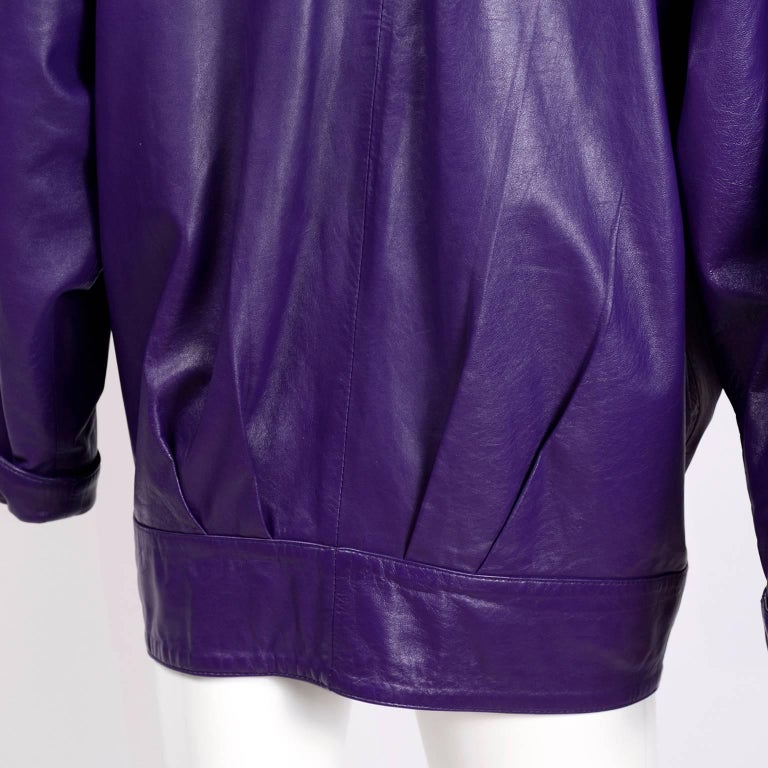 Melek Oversized Purple Leather Coat Jacket with Zip Front and Pockets ...