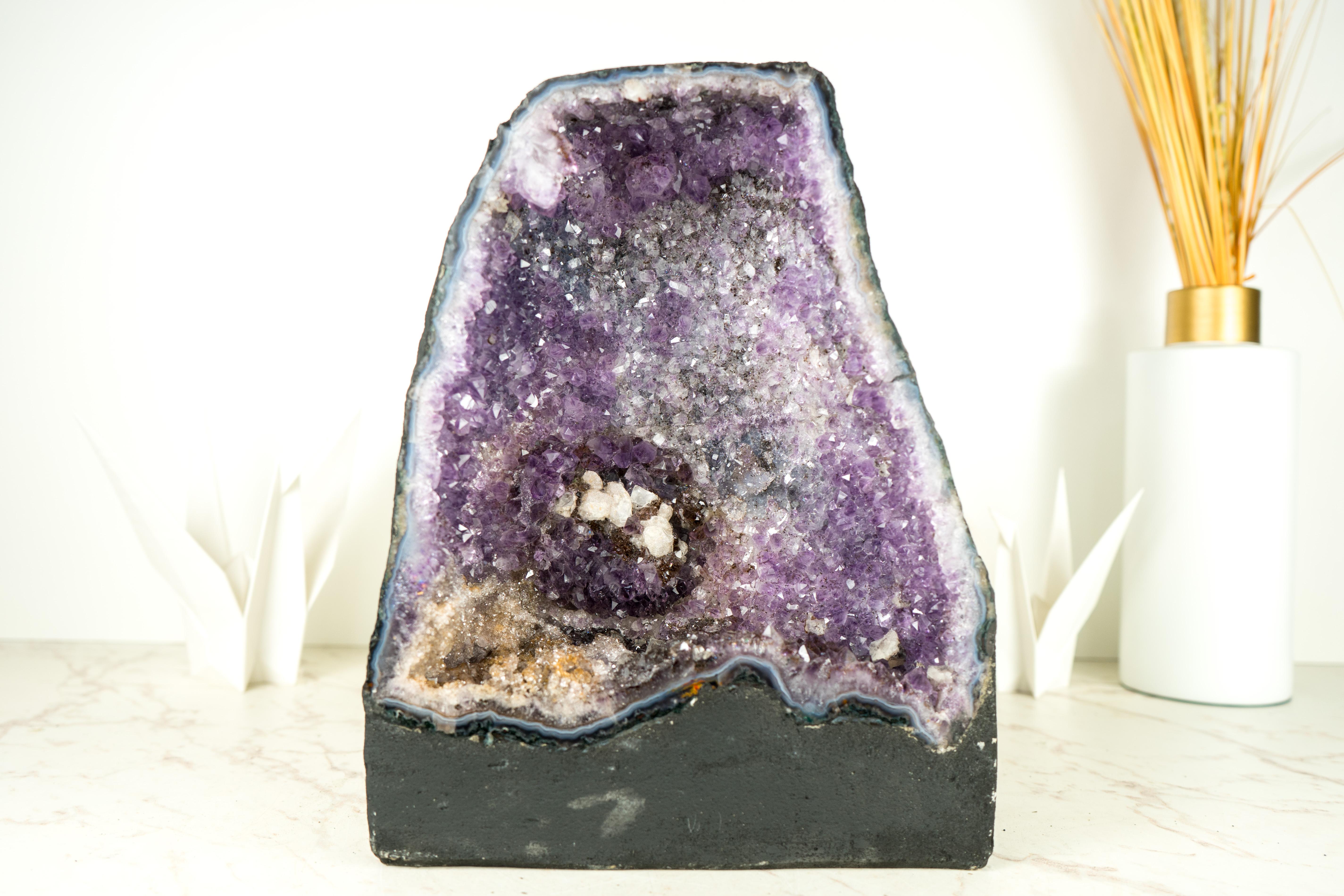 Purple Amethyst Geode with Sparkly Galaxy Amethyst and Lace Agate, Natural Decor For Sale at 1stDibs