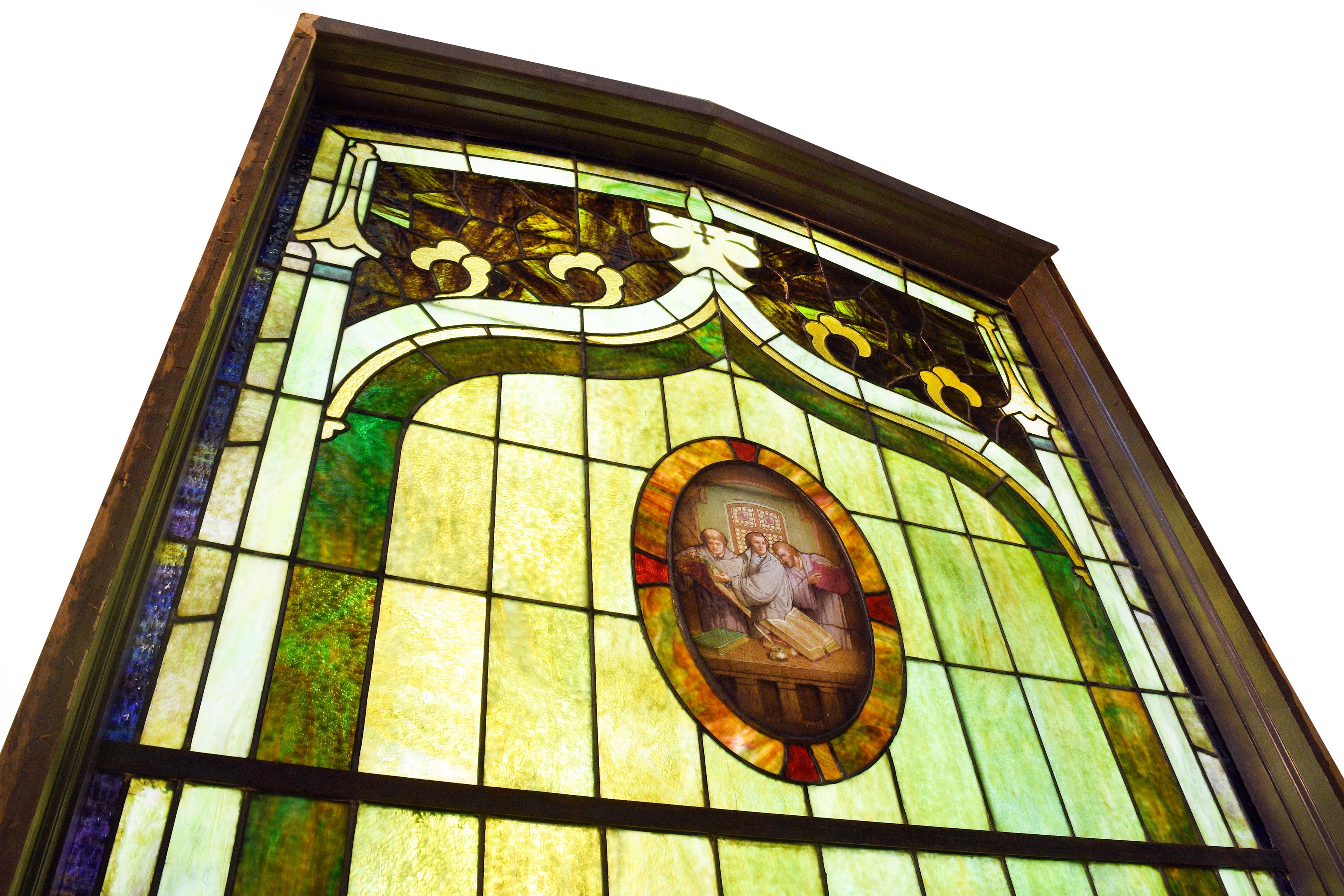 Purple and Green Slag Glass Window with Oval Scene For Sale at 1stDibs ...