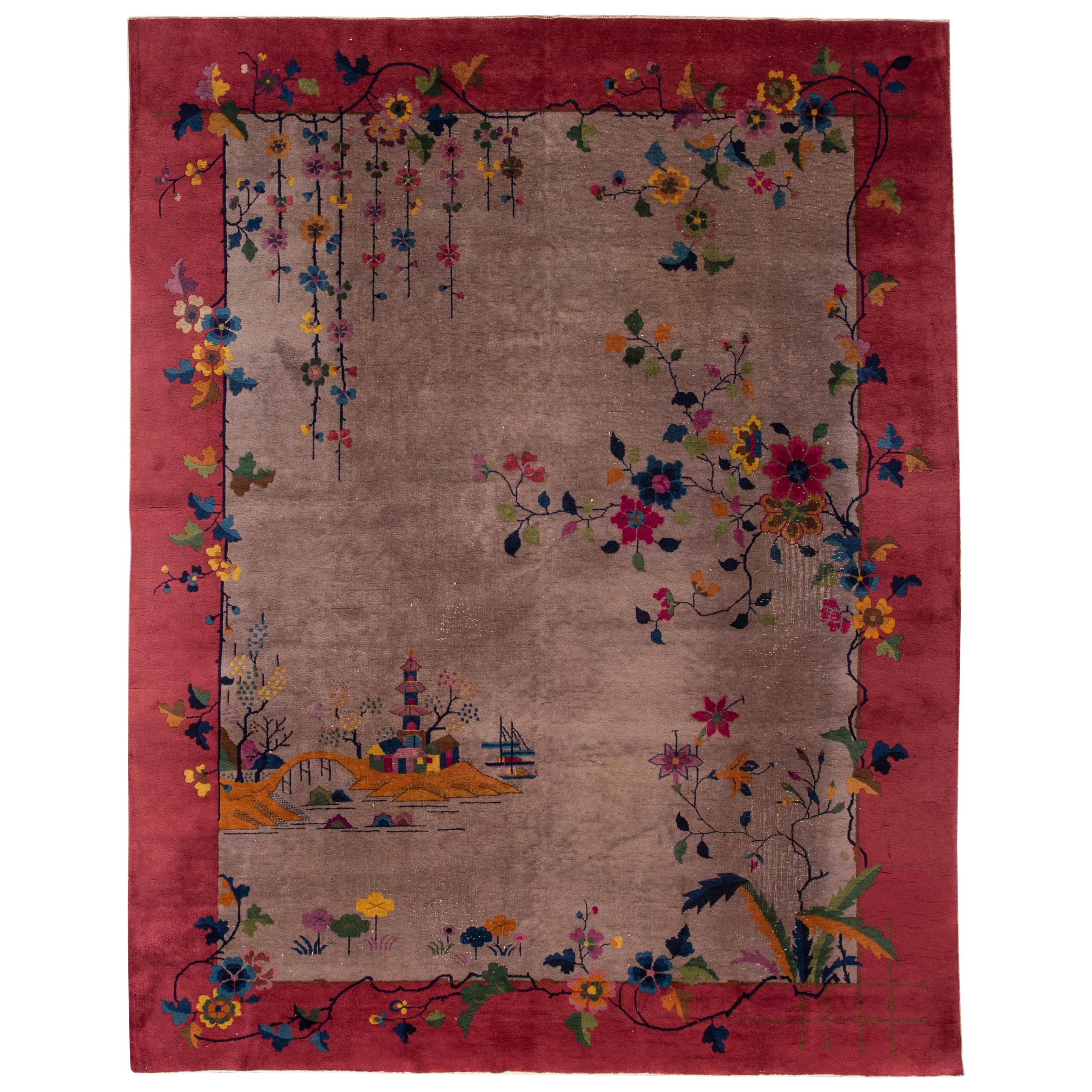 Antique Art Deco Blue and Red Chinese Handmade Wool Rug For Sale at 1stDibs