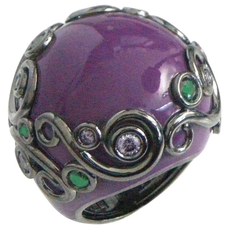 Purple Color Enamel Round Silver Ring with Tzavorite and Peridot For ...