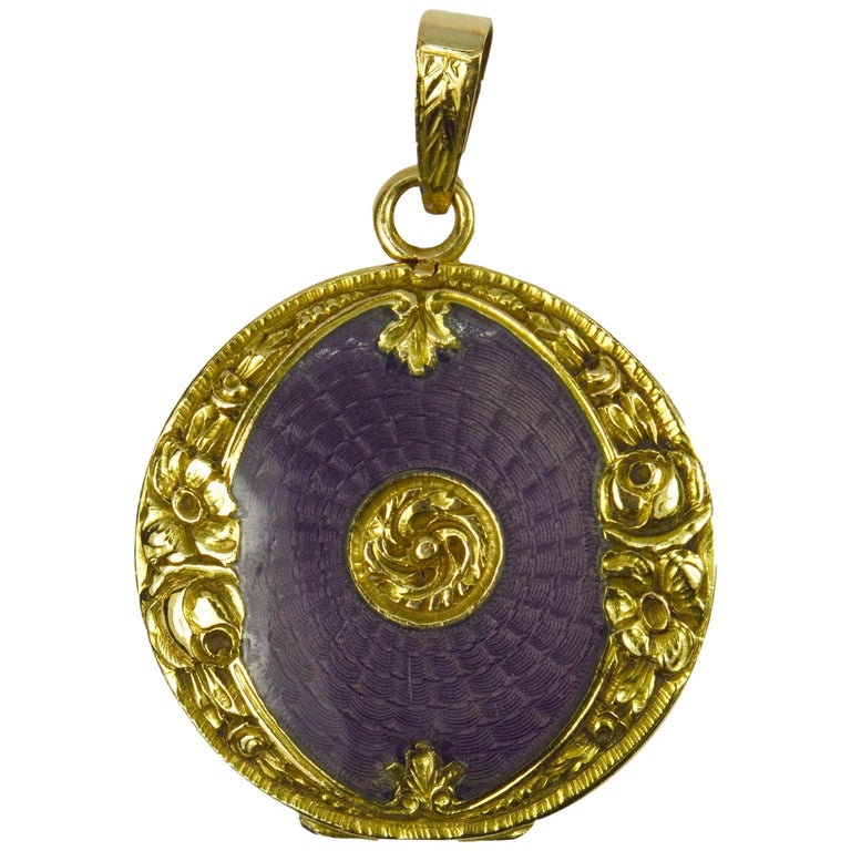 Purple Enamel 18k Yellow Gold Pendant Locket For Sale at 1stDibs