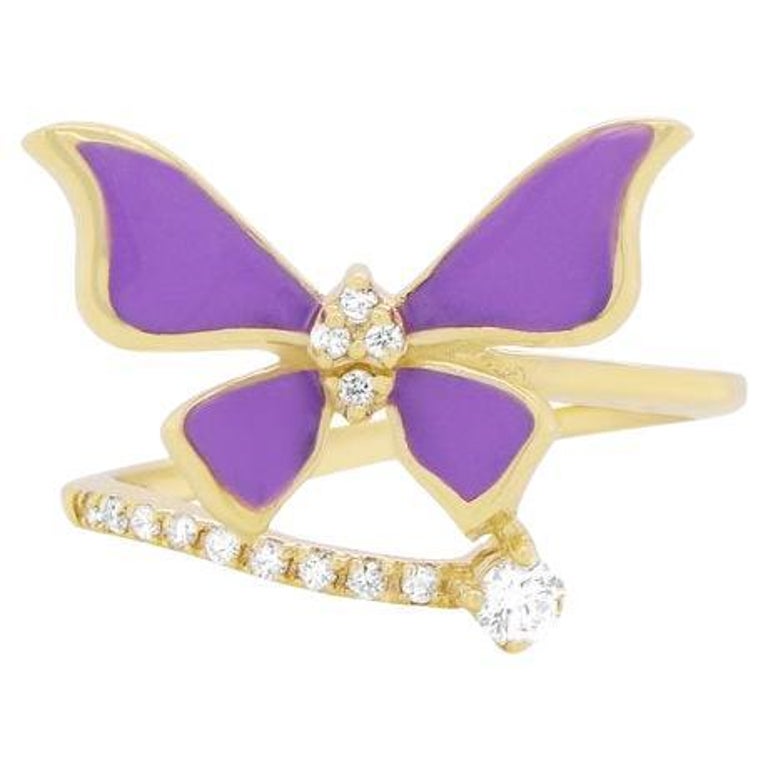 Purple Enamel Diamond Butterfly Wrap Ring 14K Yellow Gold Modern ...