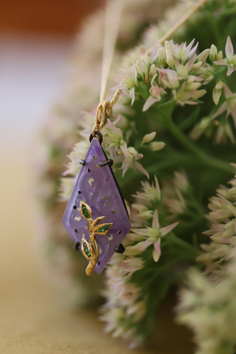 Purple Jade Charm and 18 K Yellow Gold Chain Art Deco Style Pendant ...