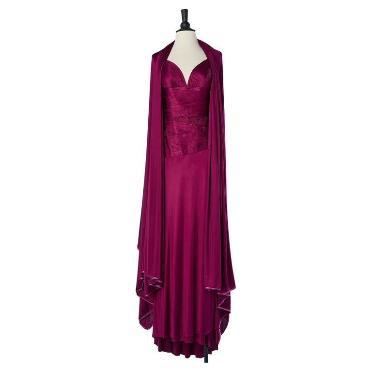 Purple rayon jersey backless draped evening dress with shawl Versace ...