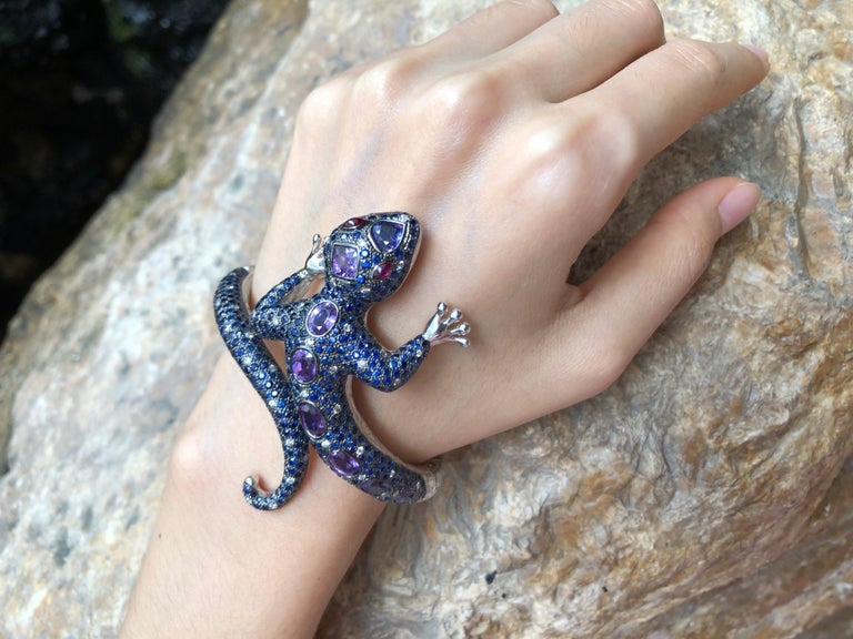 Purple Sapphire, Ruby, Blue Sapphire, Diamond Lizard Bangle in 18k ...
