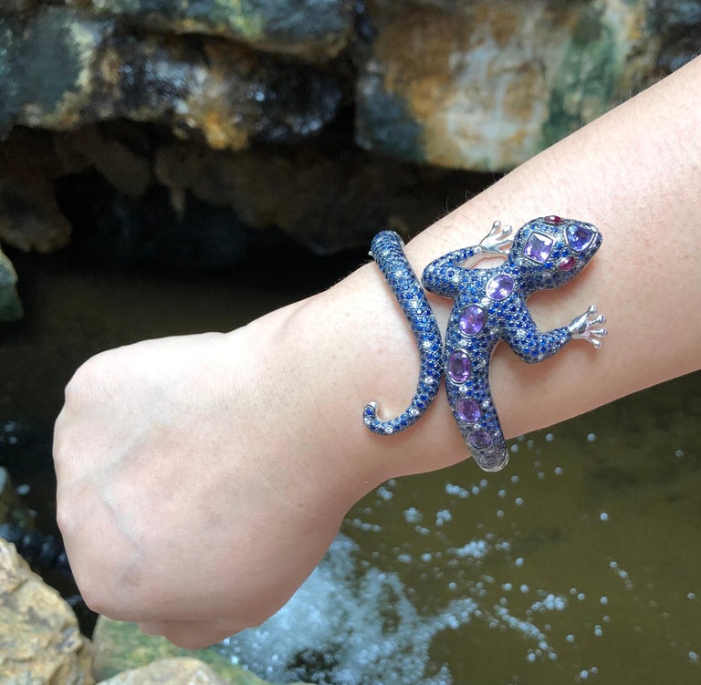 Purple Sapphire, Ruby, Blue Sapphire, Diamond Lizard Bangle in 18k ...