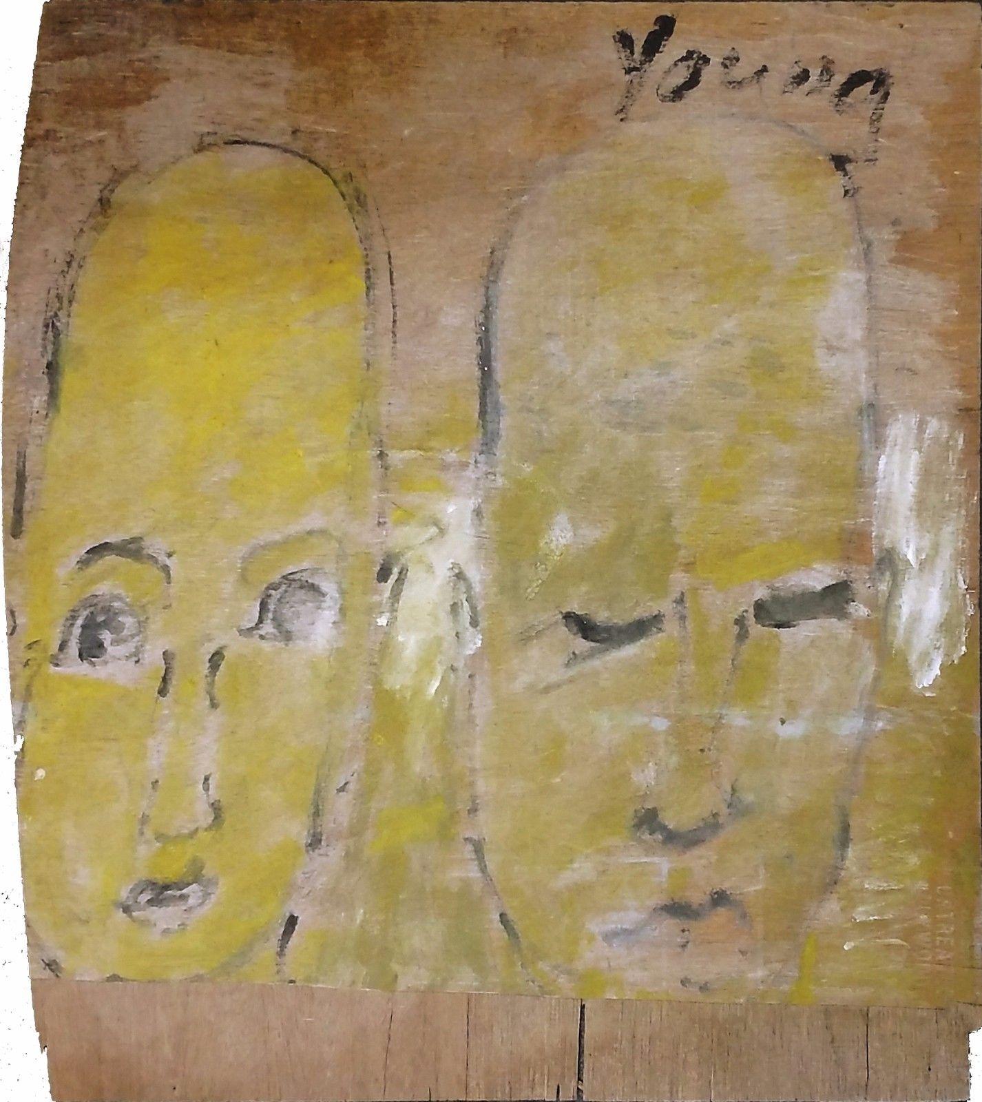 Purvis Young - Purvis Young, Four Heads, Painting on board circa 1990 ...