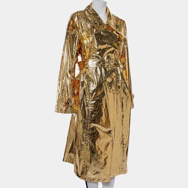 Push Button Metallic Gold Crinkled Synthetic Belted Oversized Trench ...