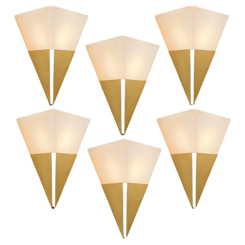 Pyramid Milk Glass and Brass Wall Lights by Glashütte Limburg, 1970s ...