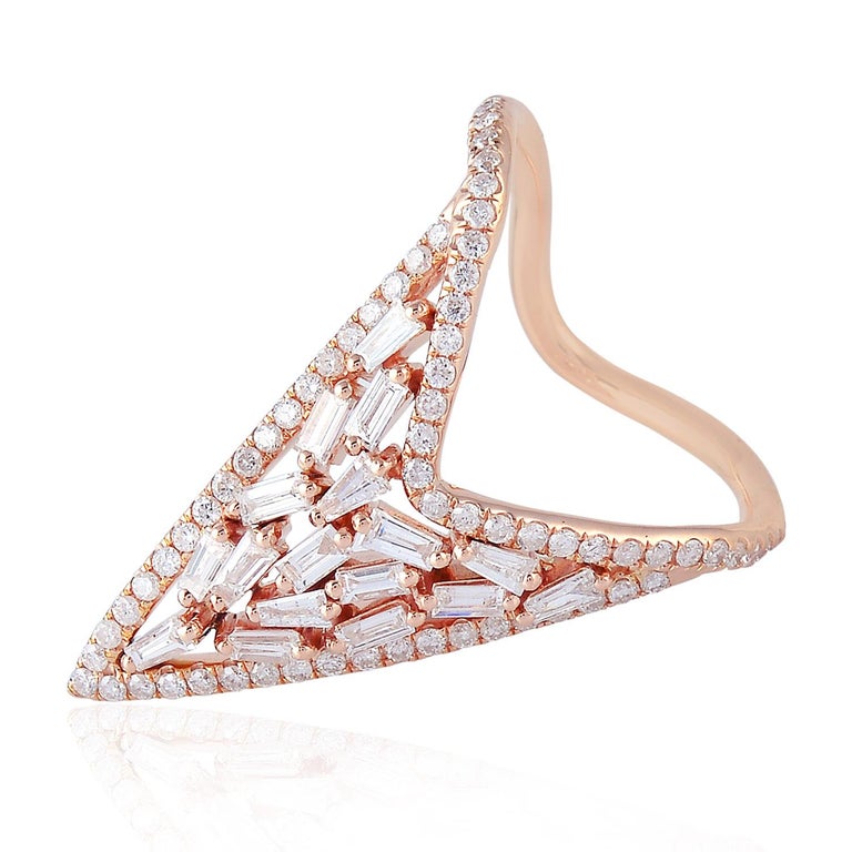 Pyramid Shape Baguette Diamond Cocktail Ring Made in 18k Rose Gold For ...