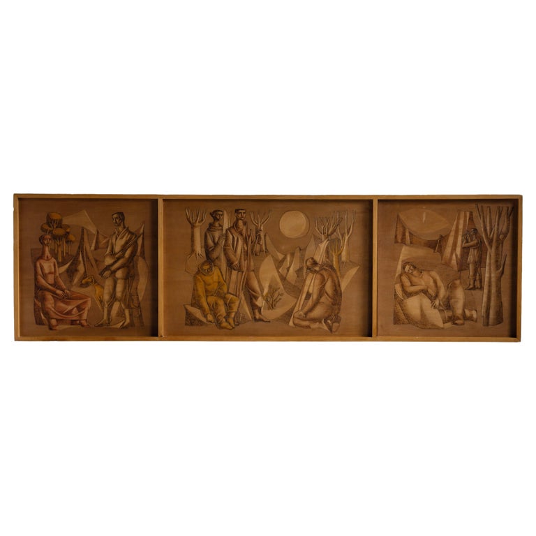 Pyrographic Wood Panel Triptych, Spain circa 1950 For Sale at 1stDibs