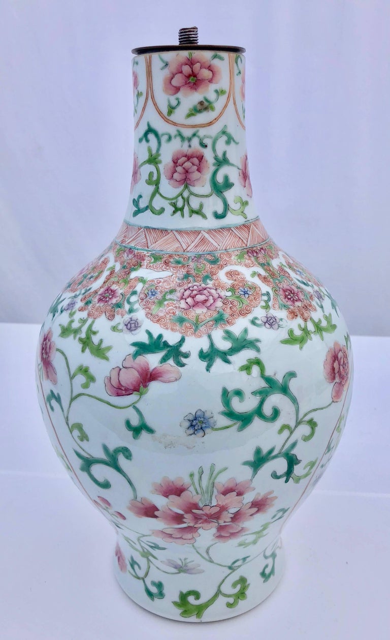 Pink/Green Floral Design Faïence Chinese Vase Transformed into Lamp ...
