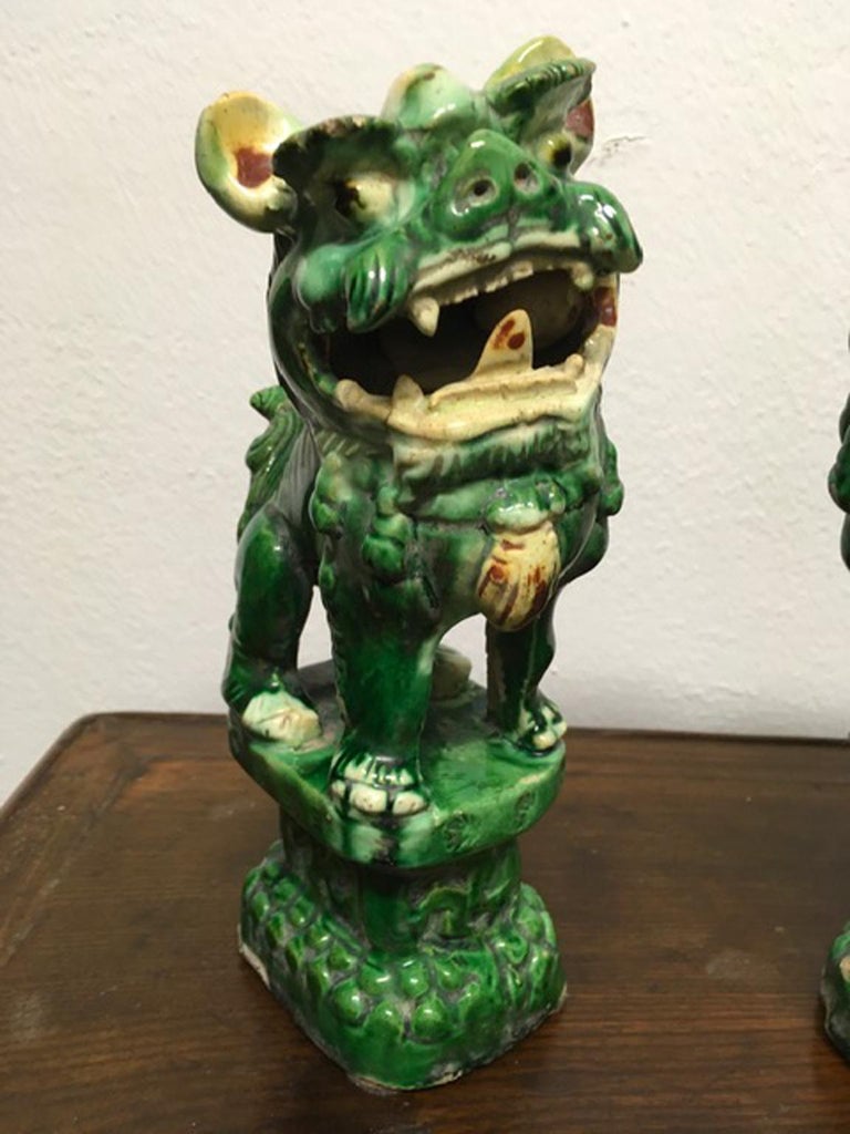 Qing Dinasty Mid-20th Century Pair Ceramic Green Enameled Pho Dogs ...