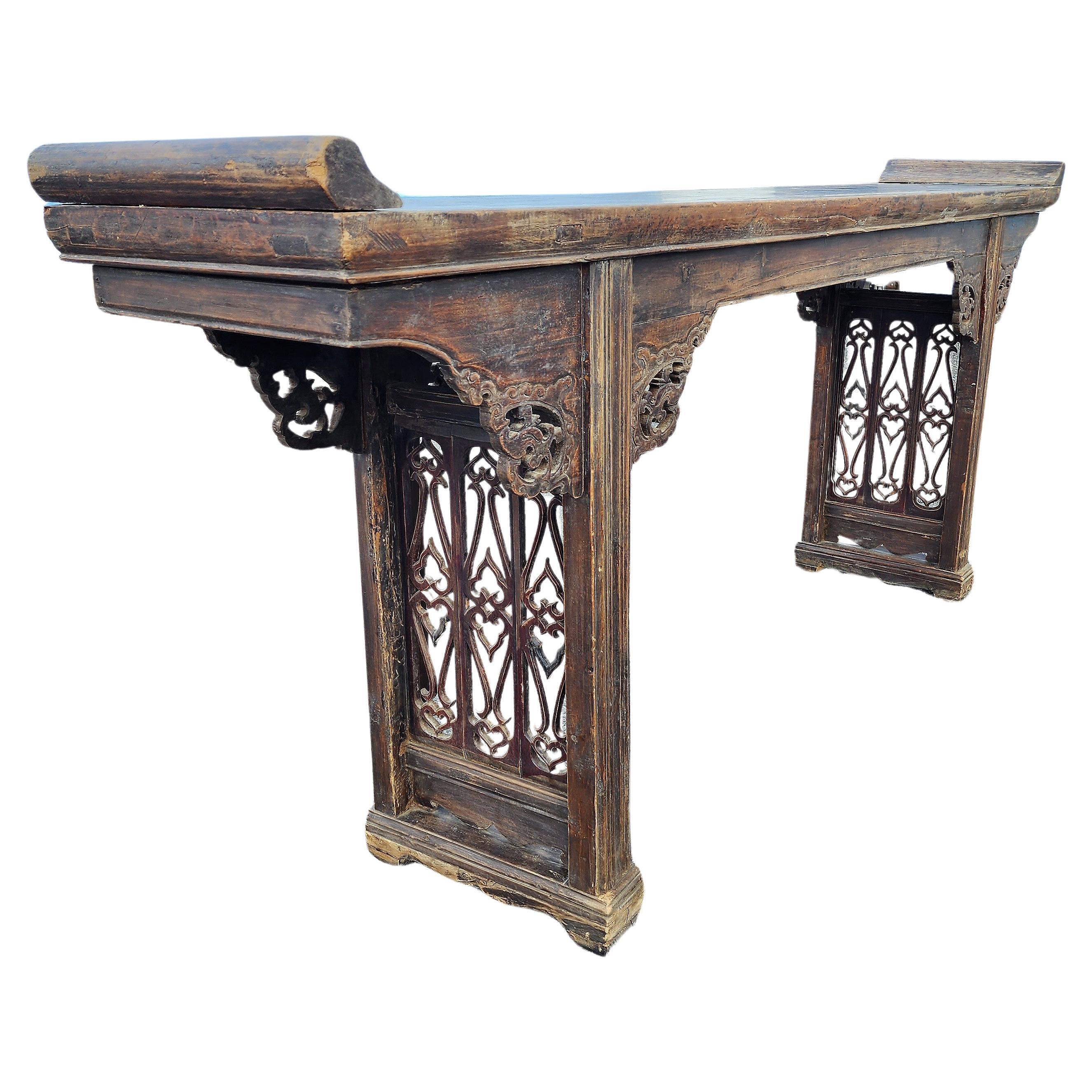Chinese Elm Three-Drawer Trestle Style Altar Table at 1stDibs