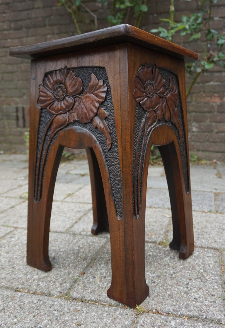 Quality Carved Arts and Crafts Table / Plant Stand with Poppy Flower ...
