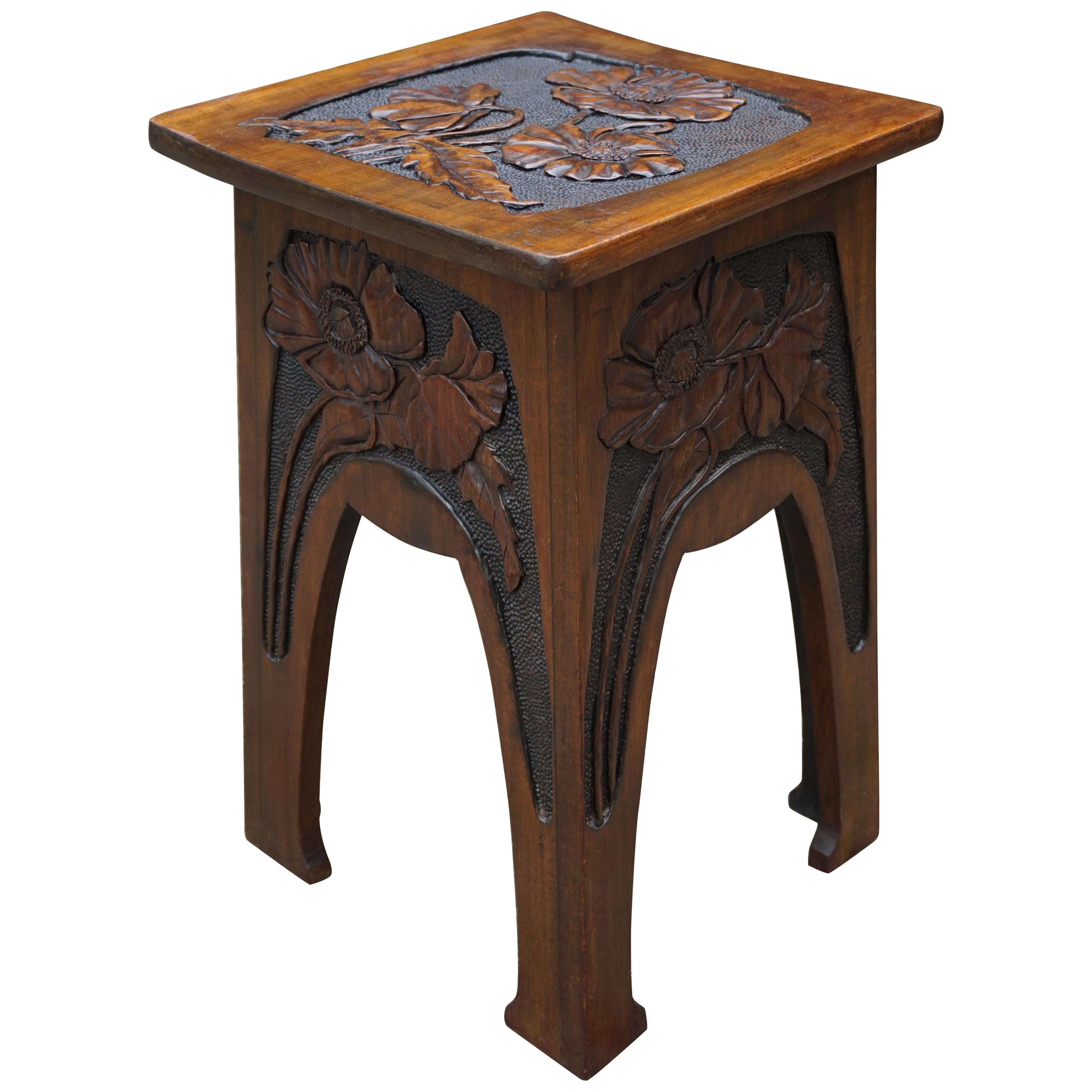 Quality Carved Arts and Crafts Table / Plant Stand with Poppy Flower ...
