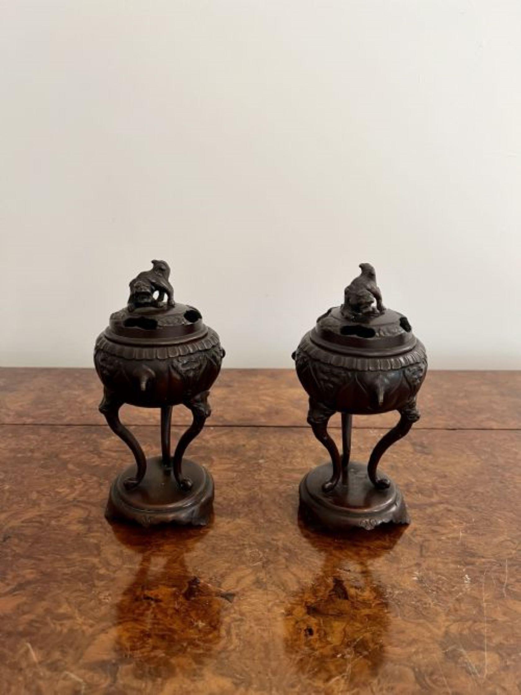 Quality pair of antique Chinese ornate bronze censers For Sale at 1stDibs