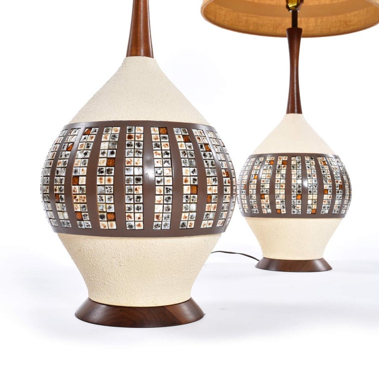 Quartite Lamp Corp Large Mid-Century Modern Tile and Walnut Lamps For ...