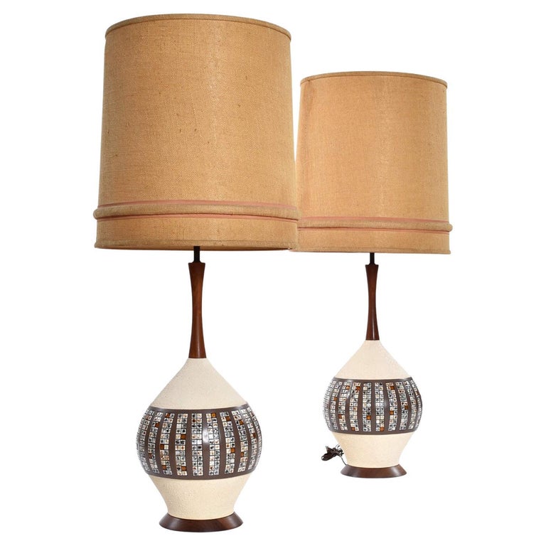 Quartite Lamp Corp Large Mid-Century Modern Tile and Walnut Lamps For ...