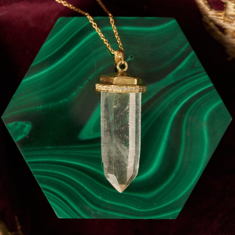 Quartz Crystal Shard Set in 18kt Gold Cap with Brilliant Cut Diamonds ...