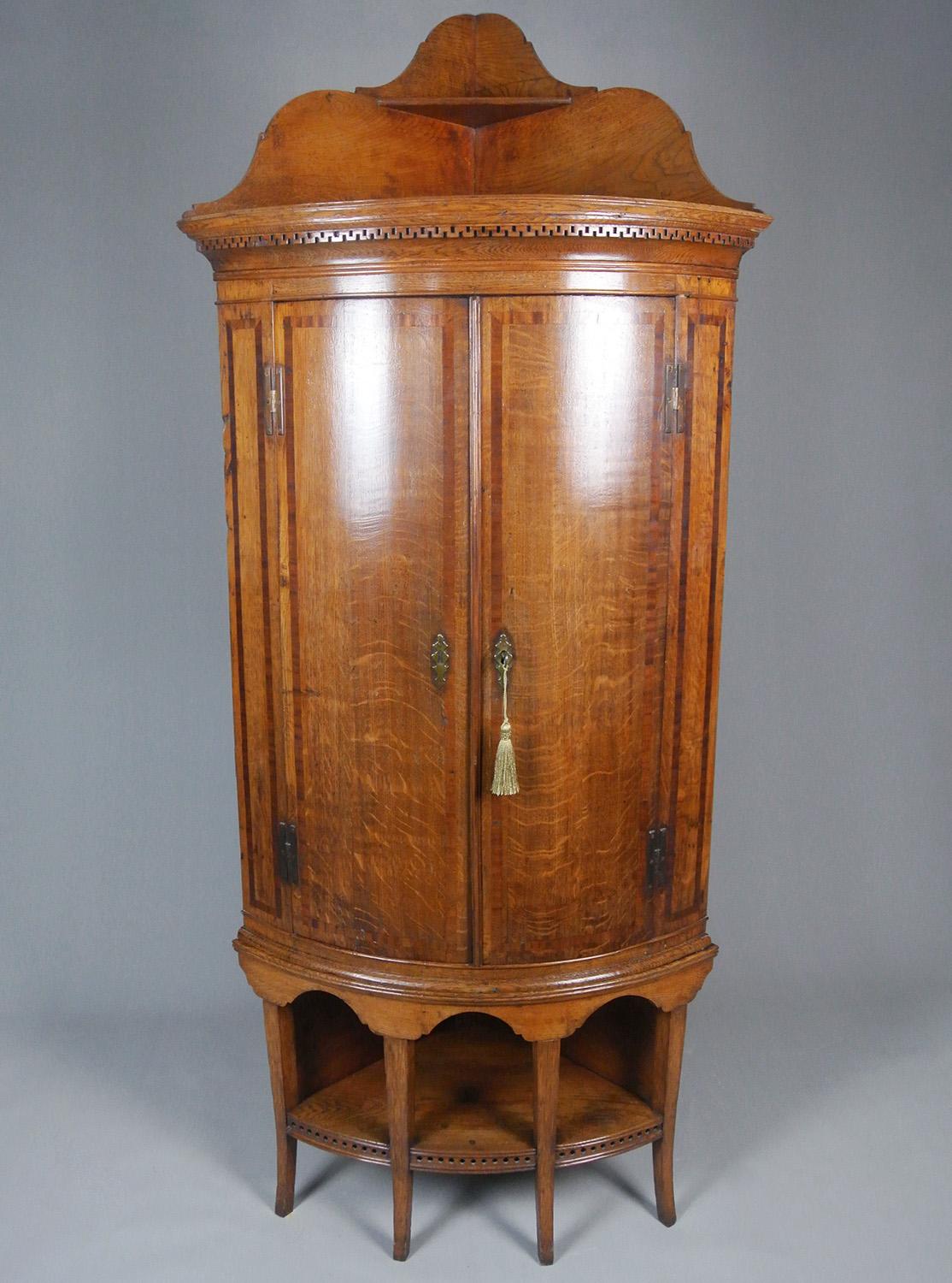 Queen Anne Oak Bow Front Corner Cabinet with Original Upper Shelf c ...