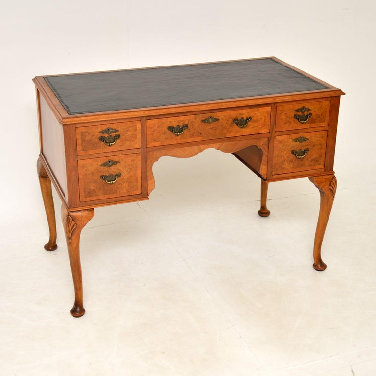 Queen Anne Style Antique Burr Walnut Leather Top Desk at 1stDibs