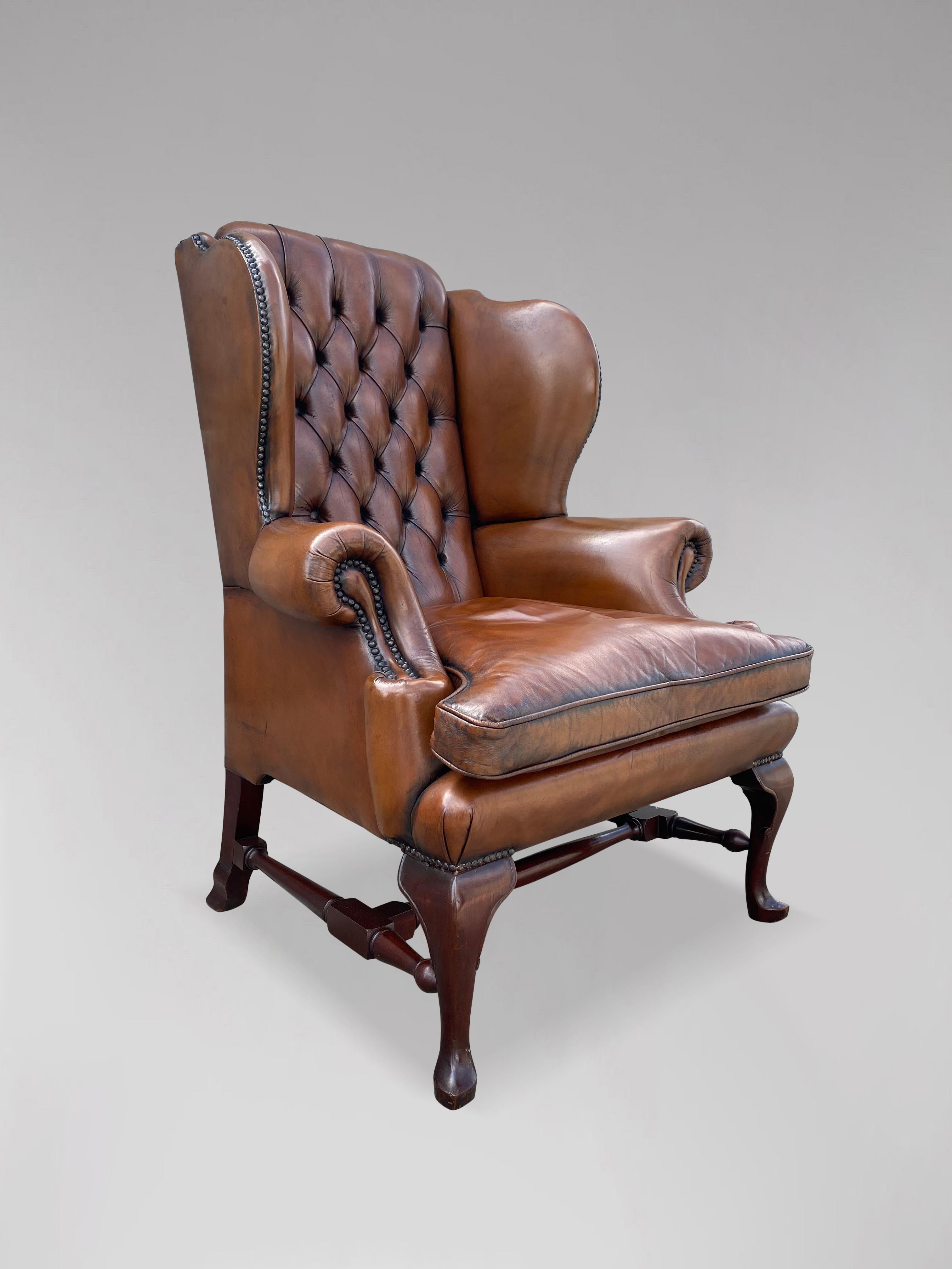 Queen Anne Style Brown Leather Wing Armchair For Sale at 1stDibs