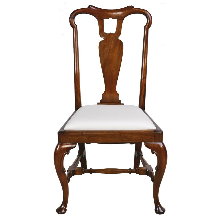 Queen Anne-Style Fiddle-Back Chair in Mahogany w/ Upholstered Slip Seat ...