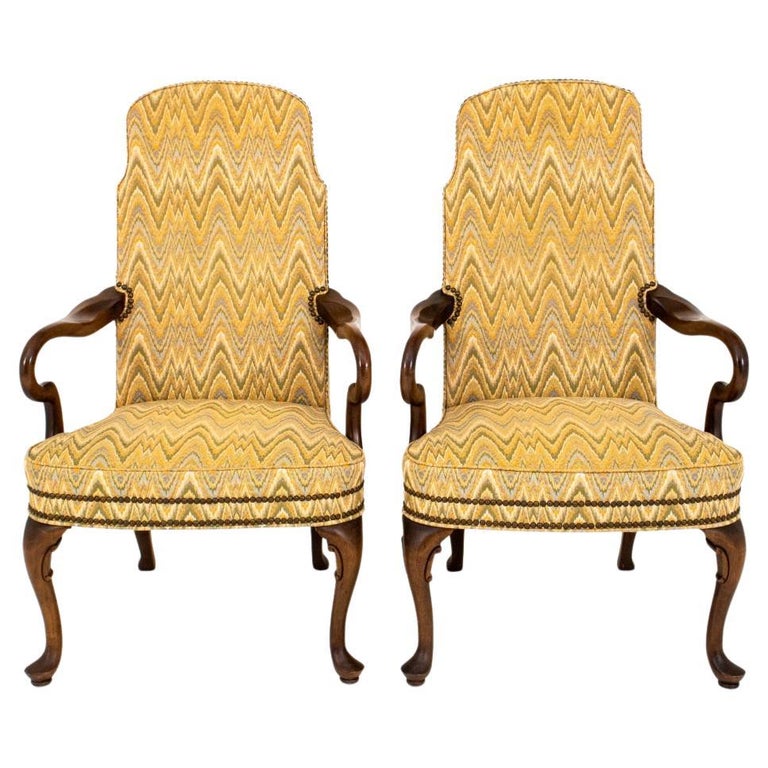 Queen Anne Style Upholstered Open Arm Chairs, Pr For Sale at 1stDibs