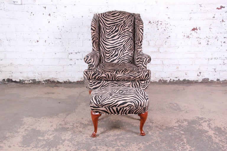 Queen Anne Style Wingback Lounge Chair and Ottoman in Zebra Print ...