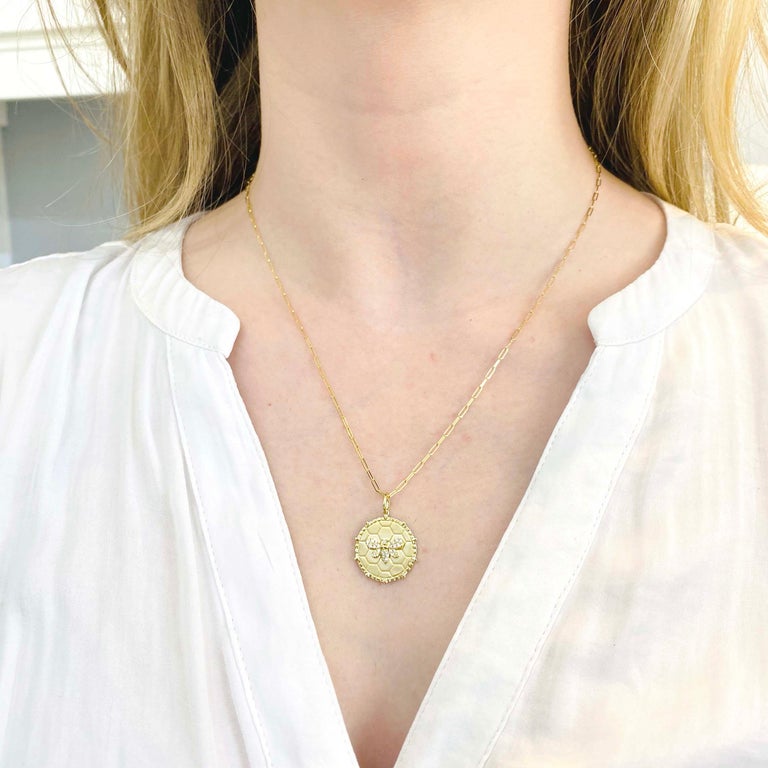 Queen Bee Necklace, Diamond Disk Pendant, Paperclip Chain, Yellow Gold ...