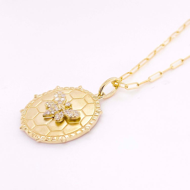 Queen Bee Necklace, Diamond Disk Pendant, Paperclip Chain, Yellow Gold ...