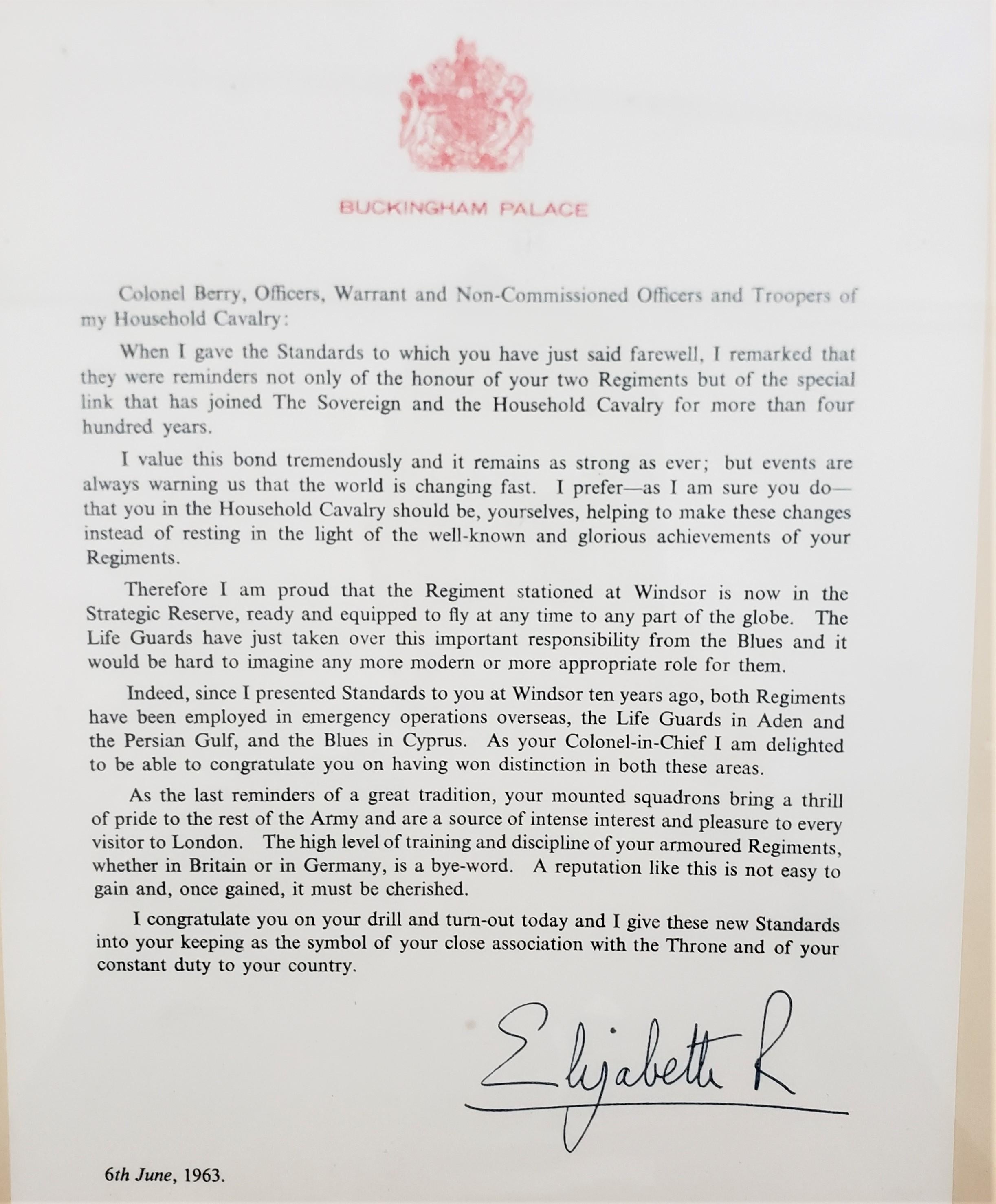Queen Elizabeth II Signed Letter for the Presentation of Standards 1963 ...
