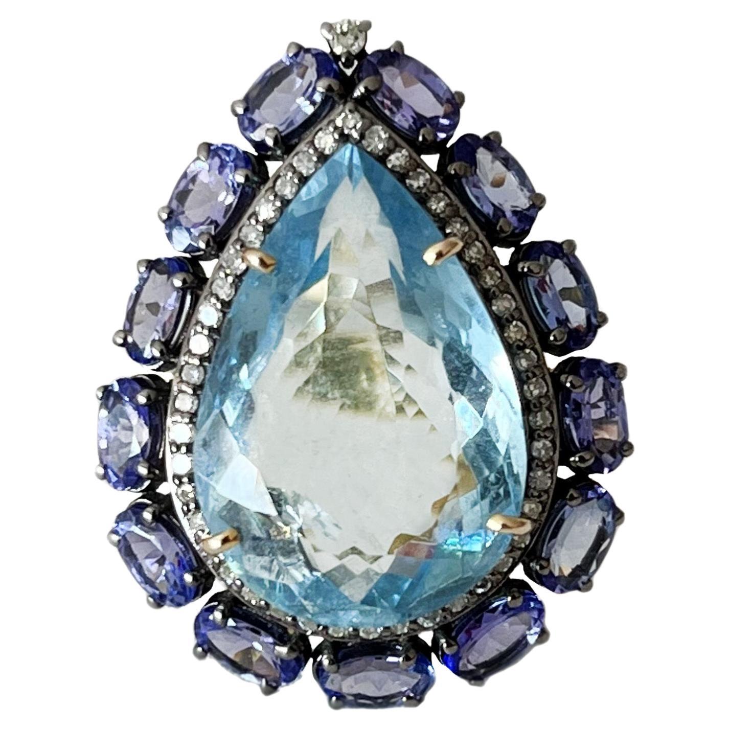 "Queen Ring" in 14k Yellow Gold, Aquamarine, Tanzanite and White ...