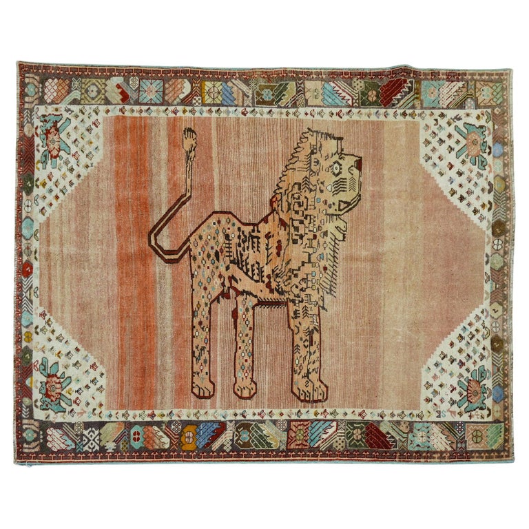 Quirky Lion Persian Shiraz Rug For Sale at 1stDibs